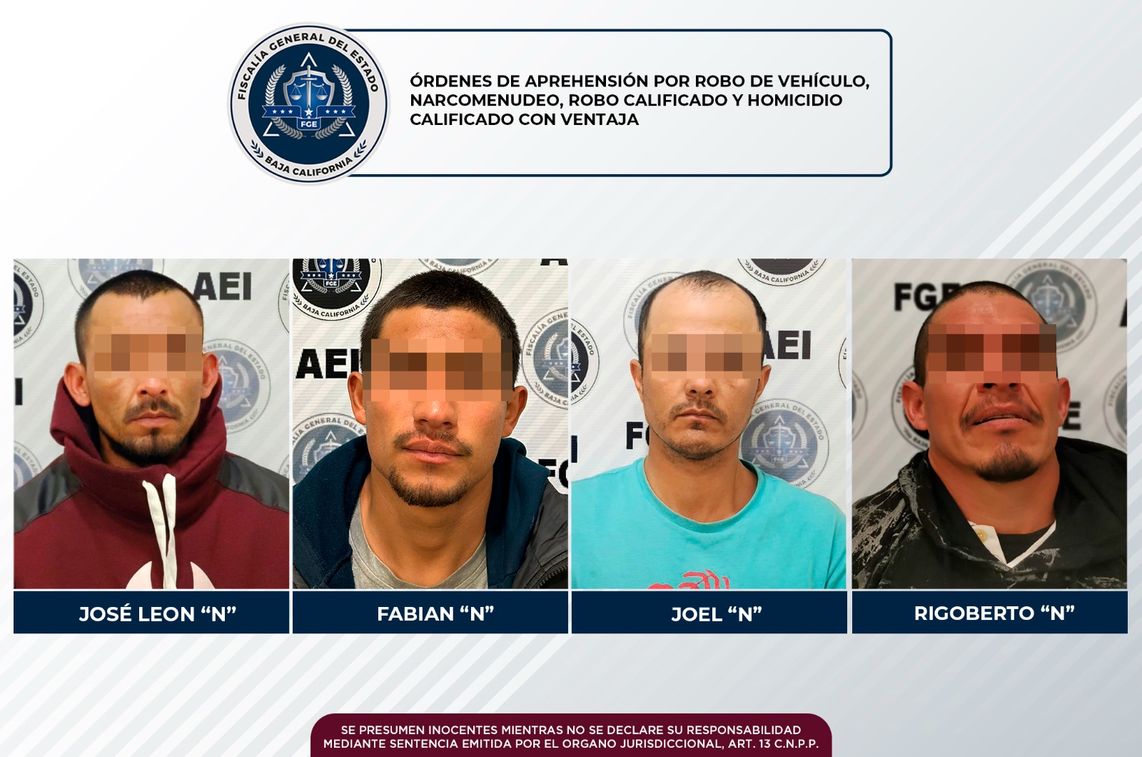 AEI cumplimenta cuatro órdenes de aprehensión; una de ellas por homicidio calificado con ventaja