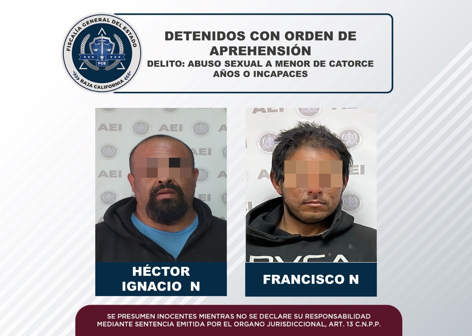 Por abuso sexual y violación, FGE cumplimentó órdenes de aprehensión contra dos sujetos en Ensenada
